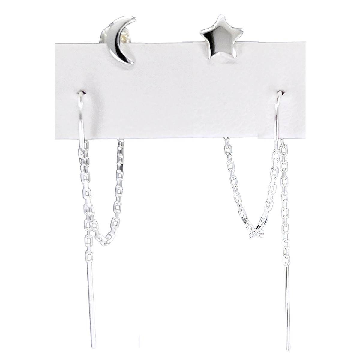 Sterling Silver Moon and Star Earrings - 925 Silver Double Piercing Earrings Set - Chain Earrings for Women - Second Piercing - Two Holes - Austin Down to Earth