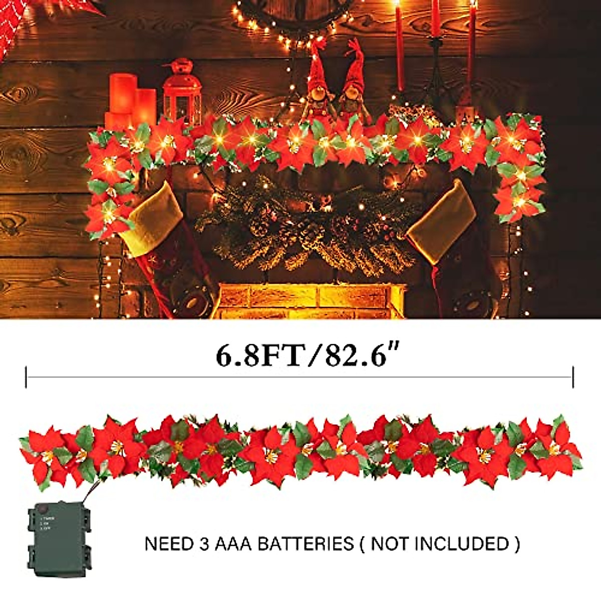 Dazzle Bright 2 Pack 7 FT Christmas Poinsettia Flowers Garland Decorations, 10 LED Lighted Artificial Velvet String Lights with Red Berries, Xmas Ornaments for Indoor Outdoor Fireplace Decor