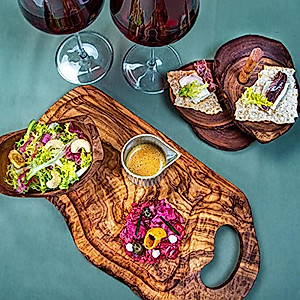 SOLTAKO Olive Wood Cutting Steak Board, Wooden Charcuterie Board, Large Cheese Board, Hand Made Serving Platter, Rustic Chopping Board with Juice Groove, Chopping Board with Handle (17,7")