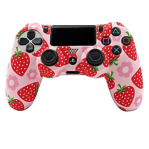 RALAN Pink Controller Skins for PS4, Fruit Silicone Controller Cover Skin Protector Compatible /PS4 Slim/PS4 Pro Controller with 2 Cute Thumb Grips Caps