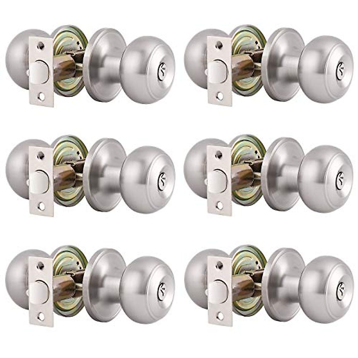 Gobrico Round Satin Nickel Keyed-Alike Entry Locks Knobs 6Pack, Front Enry Door Knobs with Lock and Same Key, Round Ball Style Locksets Door Handles