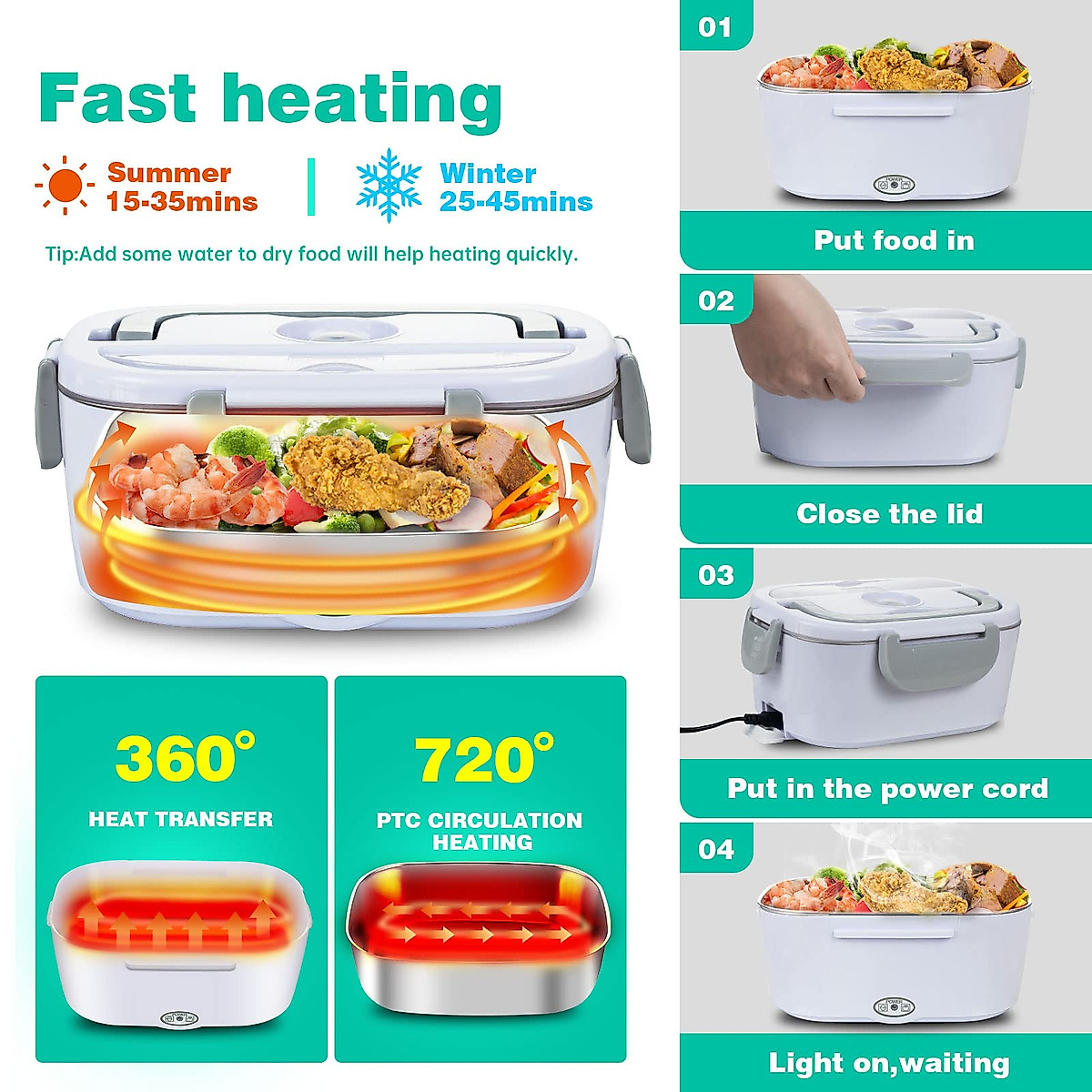 LAVAED 60W Electric Lunch Box - Fast Heating, Leakproof, Large Capacity, Portable, Safe, Easy to Clean, 3 in 1, Gray