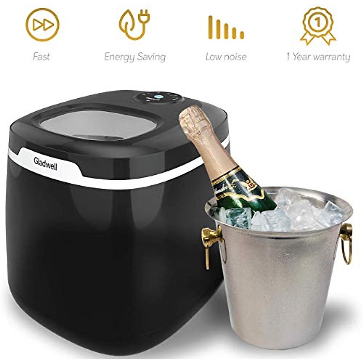 Gladwell, Countertop Ice Maker Machine, Portable Bullet Ice Cube Makers, Makes 50 pounds of Ice Cubes Small and Regular, Low Noise No Plumbing Easy to Clean Mini Machines, Jet Black