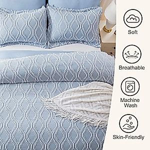 EMME Duvet Cover Set Microfiber, Tufted Queen Duvet Cover Set, Boho Bedding Sets Queen for All Seasons, 3 Pieces Embroidery Chic Duvet Cover Full, 1 Duvet Cover + 2 Pillowcases (Blue & White, Queen)