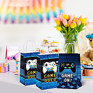 Epakh 16 Pack Game Party Gift Bags Video Game Theme Birthday Party Treat Bags Blue Candy Goodie Bags Kraft Wrap Bags with Handles for Boys Kids Birthday Party Baby Shower Favors Supplies