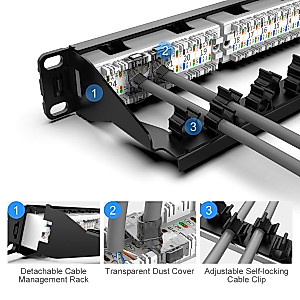 AMPCOM Industrial Series CAT6 24 Ports Patch Panel, Rack Mount - 1U, 19 inch, RJ45 Ethernet 568A 568B, 50u Gold Plated, with Rear Cable Management Bar