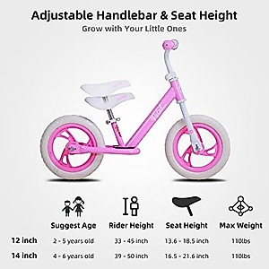 JOYSTAR 14 Inch Balance Bike for Boys Girls 3T to 6 Years Old Push Toddler Balance Bikes with Footboard 14" Child Glider Kids Pink