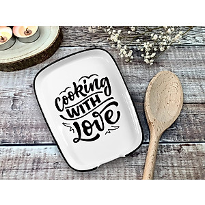 Ceramic Patterned Fork Spoon Rest with Message Cooking with love, Functional Kitchenware Spoon Rest Suitable for Kitchen Countertop Stove Top Kitchen Accessory and Gift for Cooking Enthusiasts