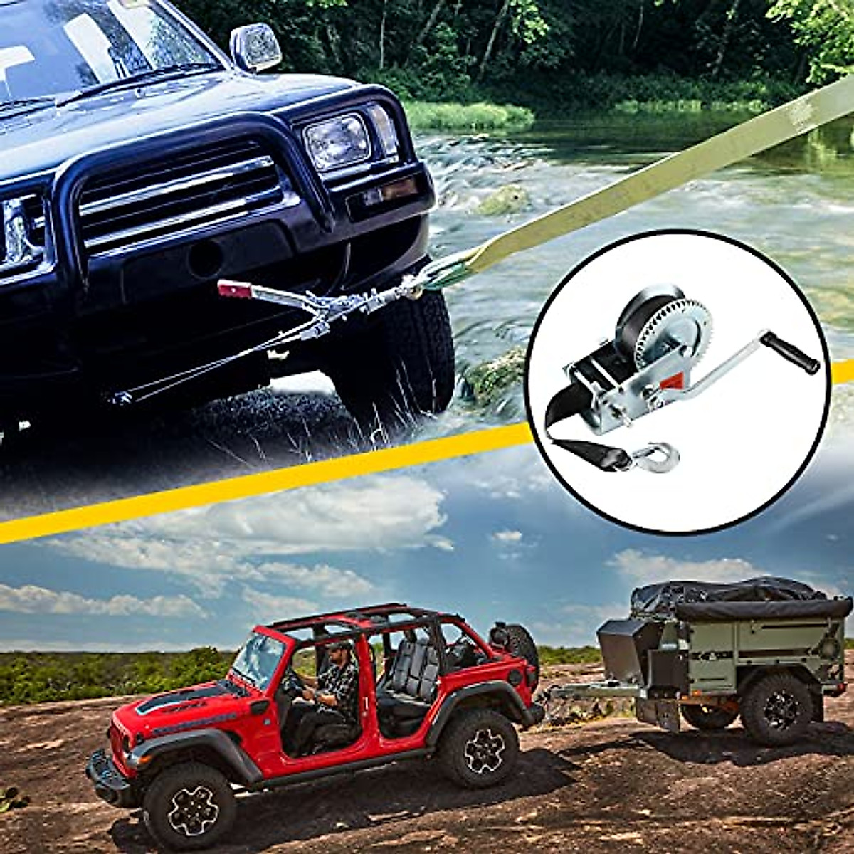3500lbs Cable Crank Winch, AUXMART Boat Trailer Winch with 23 FT Strap and Hook, 2 Ways Heavy Duty Hand Winch for ATV, Trailer, Boat, Truck