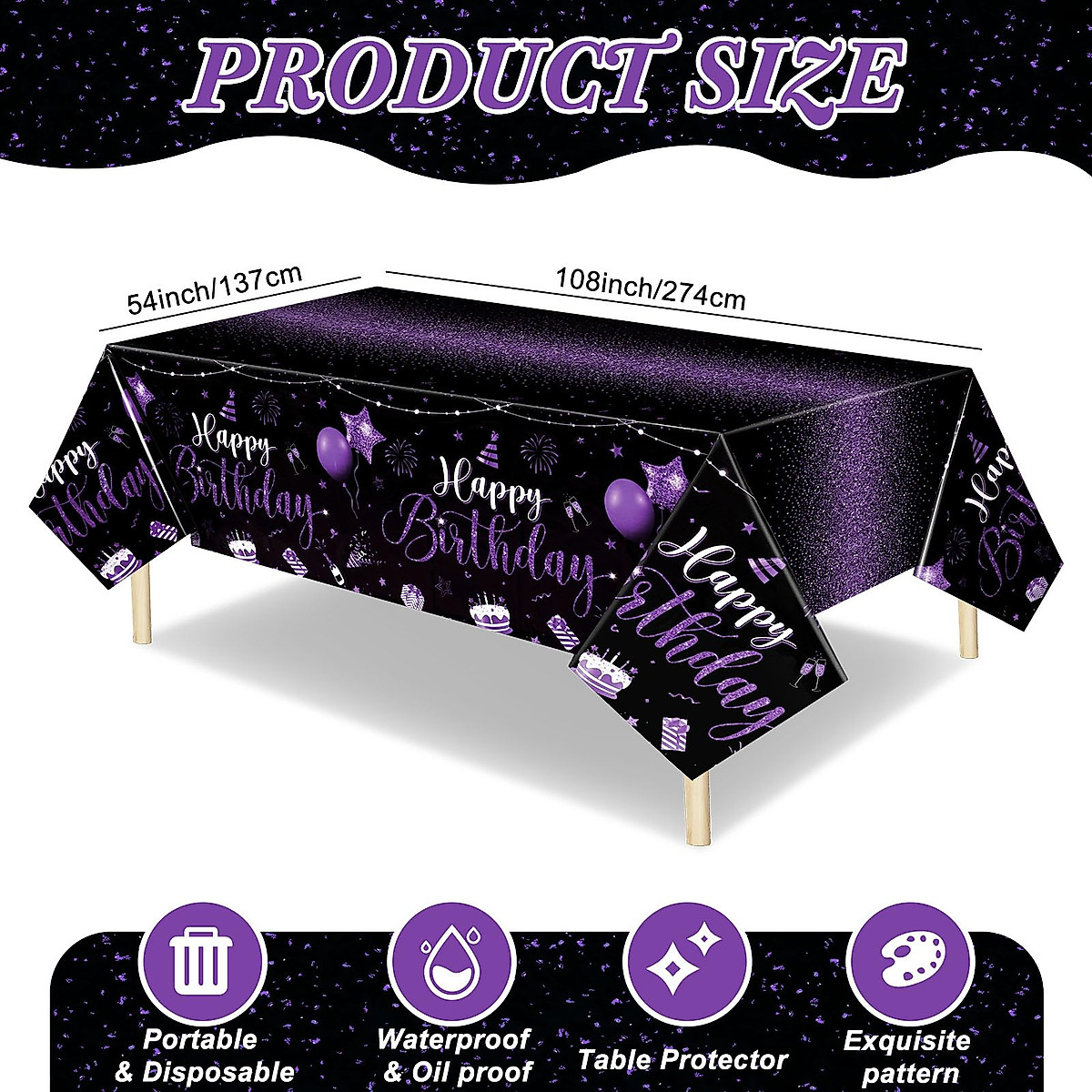Tudomro 3 Pcs Happy Birthday Tablecloths Happy Birthday Decorations Plastic Table Cover Rectangular Cloths for Women Men Baby Shower Birthday Party Supplies, 108 x 54 Inch (Black Purple)