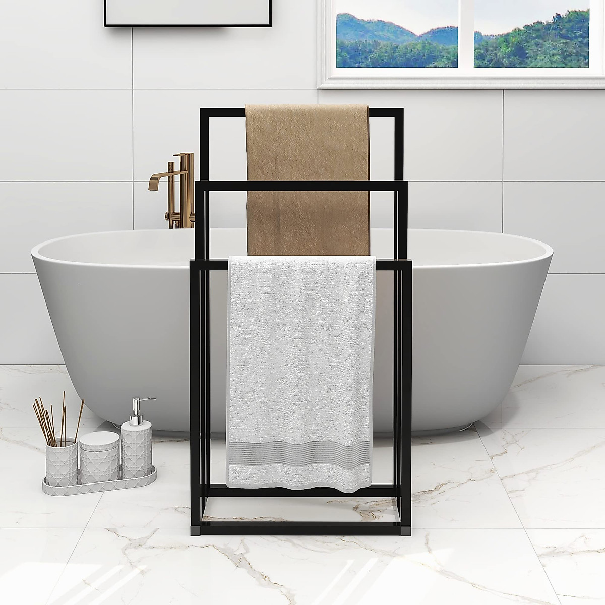 JURMERRY Freestanding Towel Holder with 3 Towel Stand Rails for Bath & Hand Towels,Black