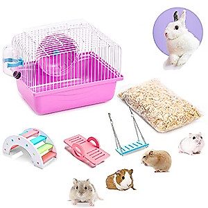 PStarDMoon Portable Hamster Cage with Running Exercise Wheels, Water Bottle, with Rainbow Hamster Toys and Sawdust, for African Miniature Rabbit Chinchilla Squirrel and Other Small Animals (Pink)