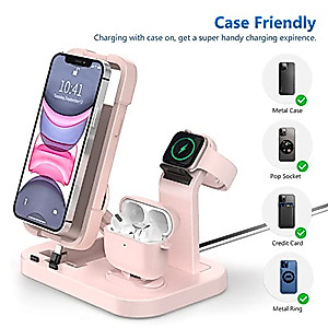 OLEBR Charging Station for Apple Multiple Devices, 3 in 1 Fast Charger Station Dock for iPhone Series 14/13/12/11/X/8 Plus, Charger Stand for iWatch Ultra 8 7 6 SE 5 4 3 2 1 with Adapter(Pink)