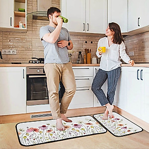 xigua 2 Piece Colorful Wildflowers Anti-Fatigue Kitchen Rug, Waterproof Non-Slip Kitchen Mats and Comfort Elastic Cotton Interlayer Rug for Kitchen, Floor Home, Office, Sink, Laundry