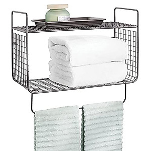 mDesign Steel Wall Mount Towel Rack Storage Organizer Shelf Holder with Towel Bar - for Bathroom, Laundry Room, Kitchen, Garage - Holds Hand Towels, Washcloth - Concerto Collection - Graphite Gray