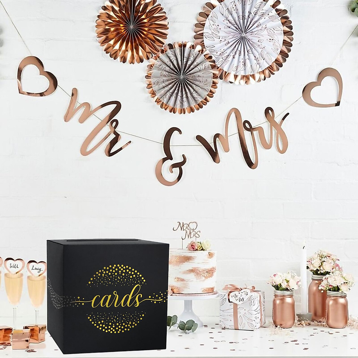 QIKSION Black Card Box with Gold Foil Design, Gift Cards Receiving Box for Birthdays Party, Bridal & Baby Showers, Wedding Receptions, Graduations, Retirements, Anniversaries