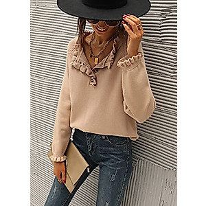 BTFBM Women's Sweaters Casual Long Sleeve Button Down Crew Neck Ruffle Knit Pullover Sweater Tops Solid Color Striped(Solid Khaki, Small)