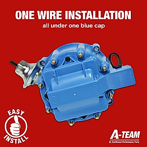 A-Team Performance HEI Complete Distributor 65K Coil, 8 Cylinders, Small Block Compatible With Ford 260 289 302 5.0 V8 One-Wire Installation, Blue Cap