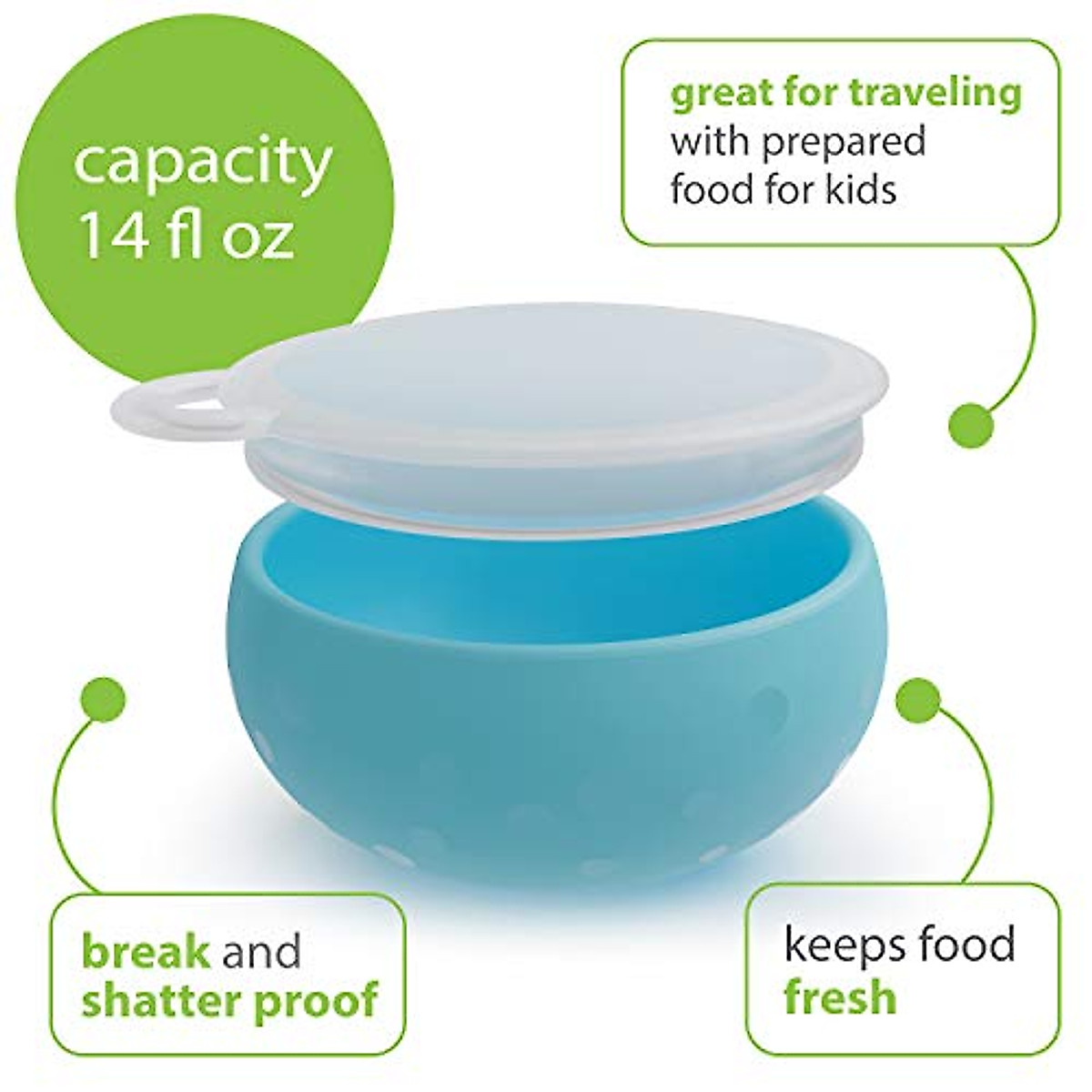 Bakerpan Silicone Toddler Feeding Bowl with Lid for Food and Snacks On The GO (Blue)