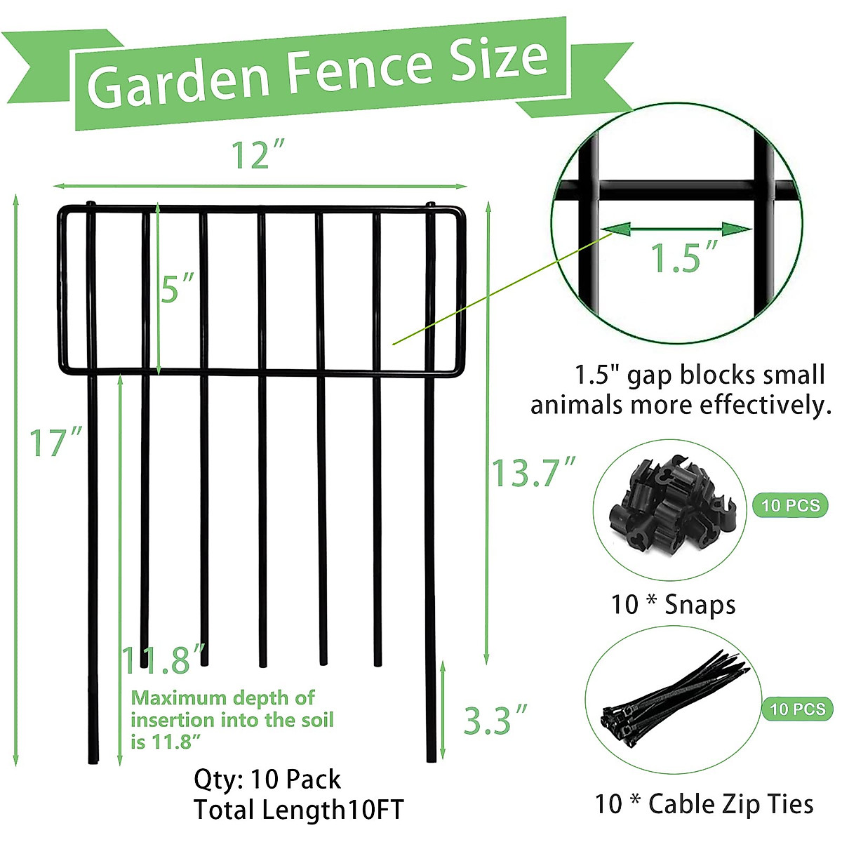 Thrivinest 10 Pack Animal Barrier Fence, No Dig Fence Decorative Fences, 17in(H) x10ft(L) Rustproof Metal Small Garden Fence Border for Dogs Rabbits, Bottom Blocker for Outdoor Yard Patio
