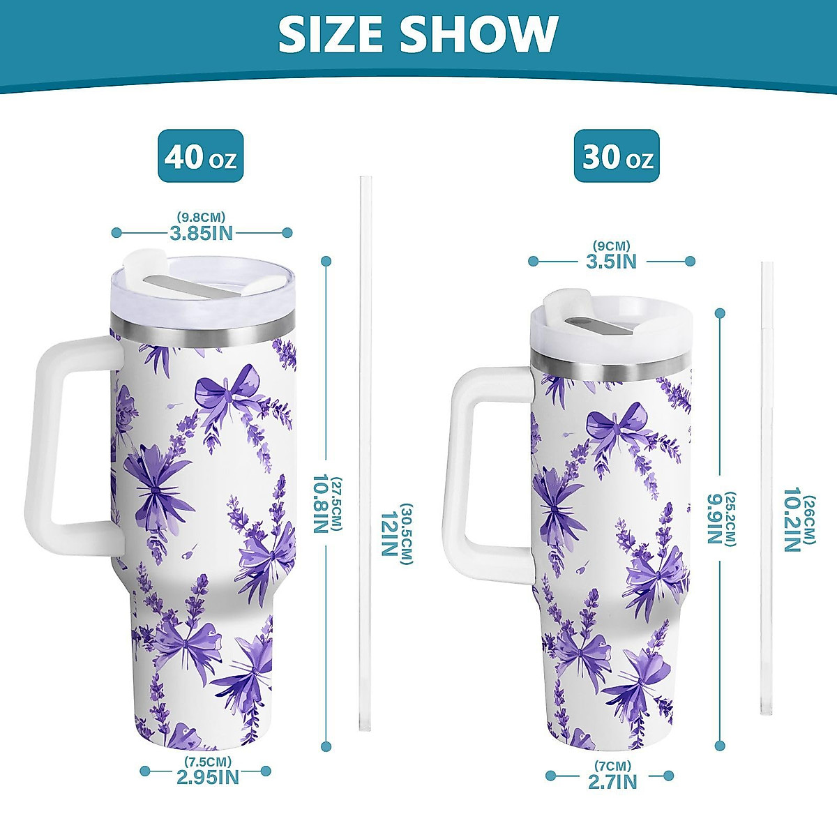 FENOCHE Lavender Flower Bow Tie 40 oz Tumbler Insulated Cups Stainless Steel Water Bottle with Handle Lid and Straw Tumblers for Car Cup Holder
