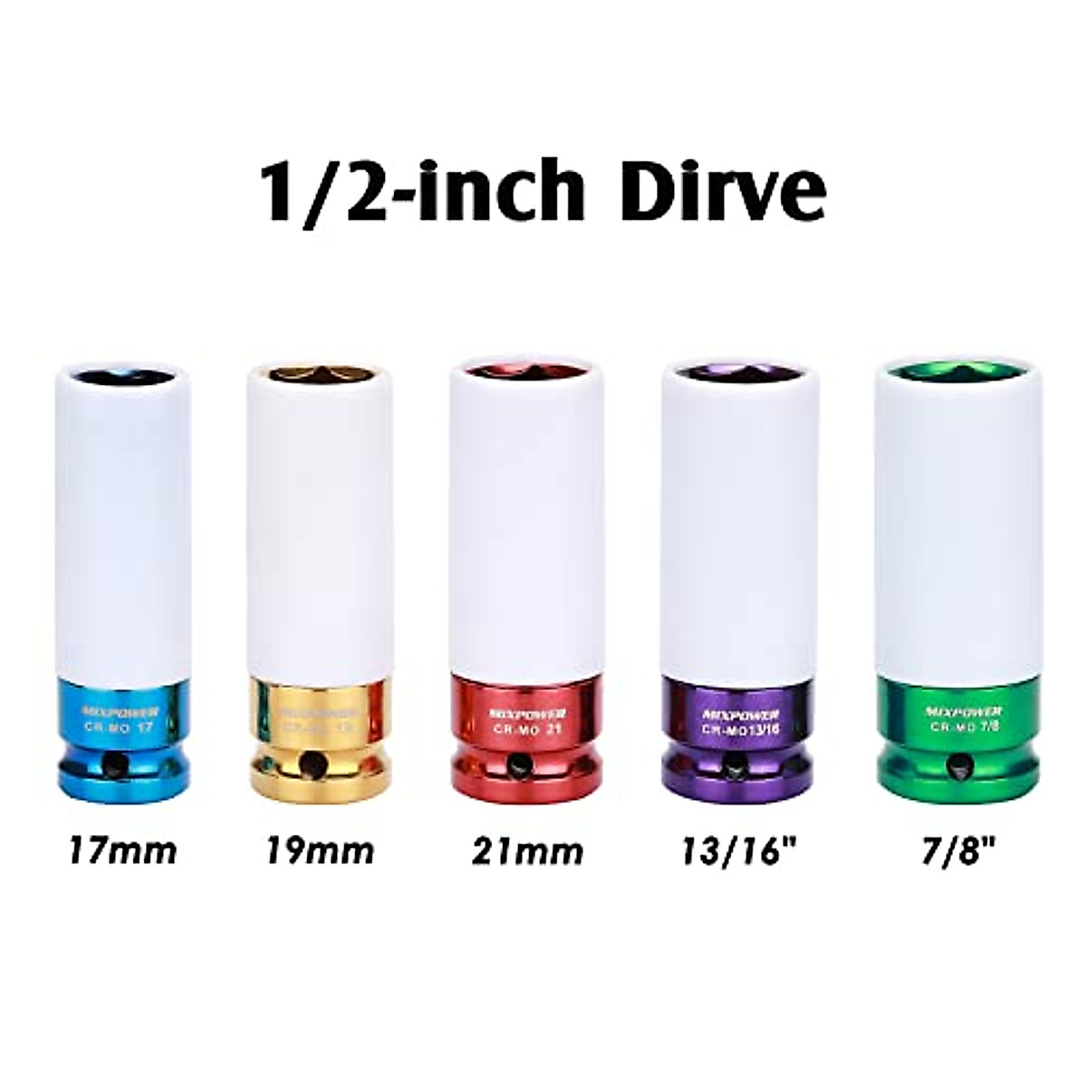 MIXPOWER 5 Pieces 1/2" Drive Wheel Protector Impact Socket Set, CR-MO, Metric/SAE, Thin Wall Deep Impact Socket Set, 6 Point, Color-Coded, 17mm, 19mm, 21mm, 13/16", 7/8"