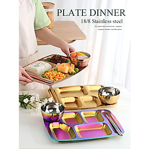 QOBIMOON 18/8 Stainless Steel Divided Plate, Food Trays 4 Section Dinner Plate with Bowl, Chosticks and Spoon, Camping Dishes, Adult Lunch and Dinner-Rainbow Color