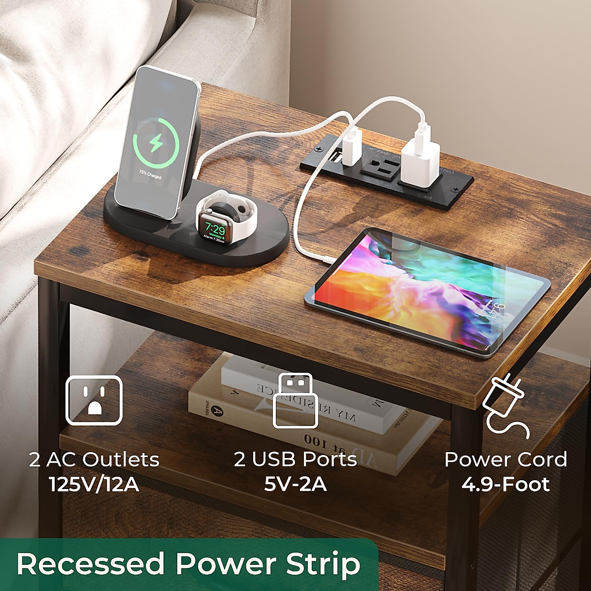 Huuger Nightstand with Charging Station, 27.6 Inch Bedside Table with Fabric Drawers, End Table Side Table with USB Ports and Outlets, Night Stand for Bedroom, Rustic Brown