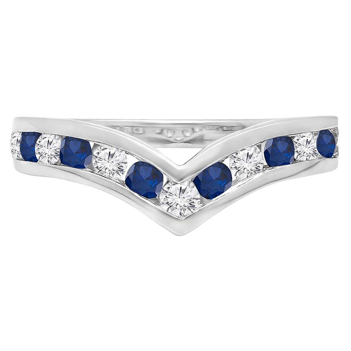 Dazzlingrock Collection Alternate Round Blue Sapphire & White Diamond Anniversary Stackable Chevron Band for Women in 14K White Gold, Size 5.5