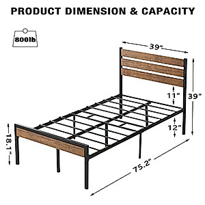 Alkmaar Bed Frame with Wood Headboard and Metal Slats Support Platform Bed Frame with Storage No Box Spring Needed (Twin)