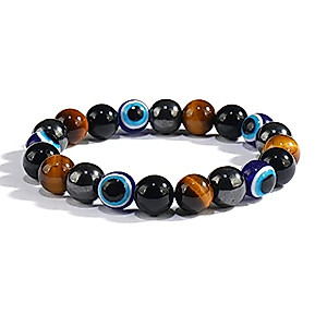 mens beaded bracelets（evil eye, tigers eye,hematite, obsidian）A handmade beaded crystal healing bracelet that can bring luck, happiness and protection(10mm elastic)