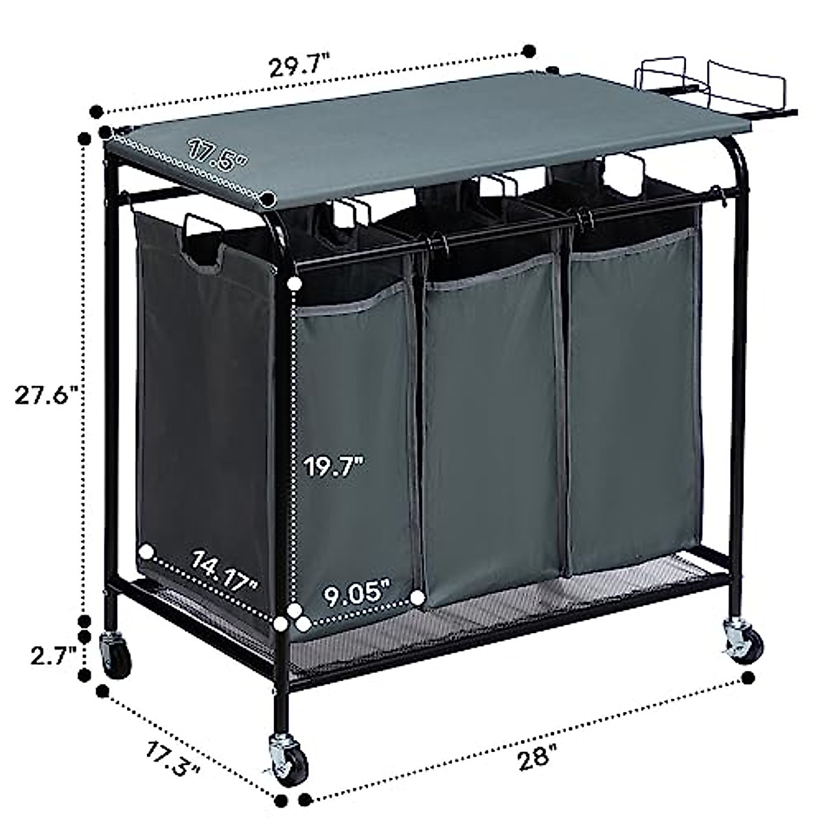 ALIMORDEN 3 laundry basket sorter with foldable ironing board,Removable Bag 3 laundry basket sorter with wheels Dark Grey
