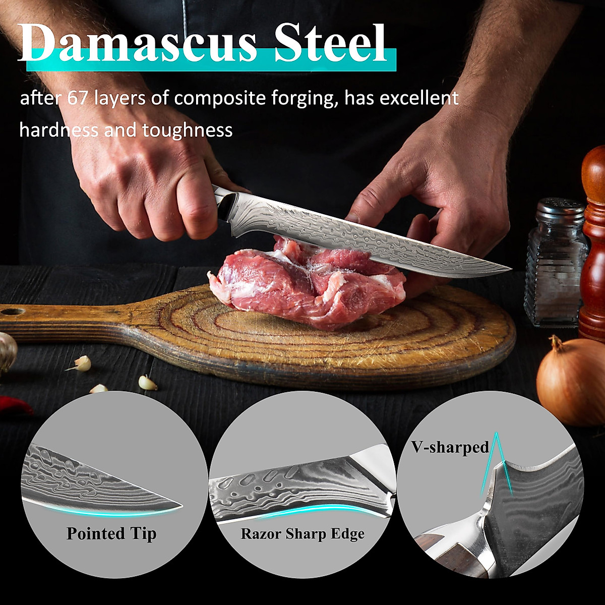 RedCall Boning & Fillet Knife,Ultra Sharp Japanese Boning Knife,Damascus Steel Butchers Knife,Full Tang & Ergonomic Handle Ideal Gift