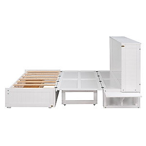 Harper & Bright Designs Queen Size Murphy Bed, Mobile Queen Murphy Bed with Drawer and Little Shelves on Each Side, Wood Queen Size Bed Frame, White