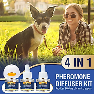 Dog Pheromone Calming Diffuser 4 In 1 Appeasing Pet Pheromones Diffuser to Calm Kit (Plug in+ 3 Pack 48ml Refill) for Anxiety Relief Reduce Barking Aggression Fighting Stress 90 Day Supply(Tasteless)