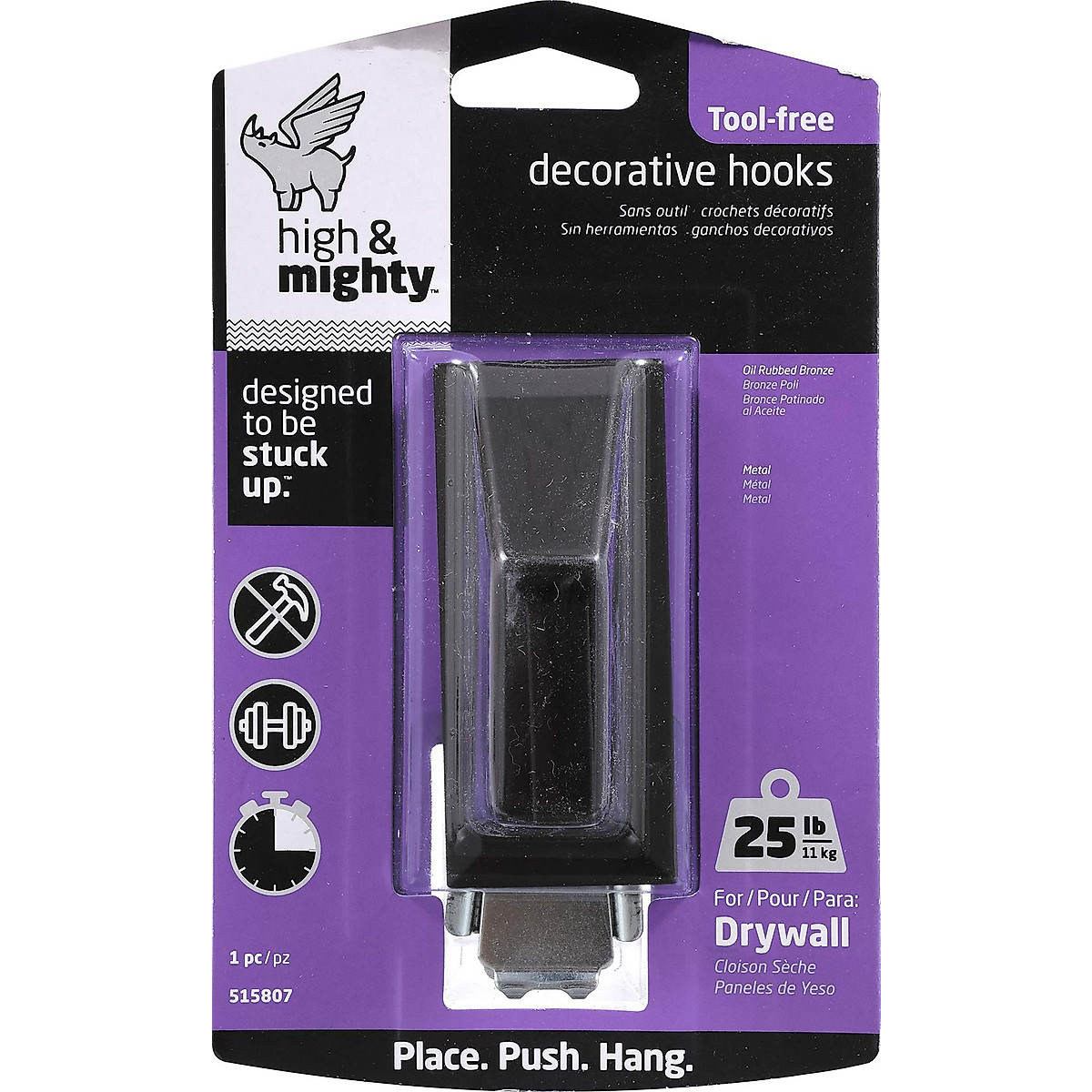 HIGH & MIGHTY 515807 Decorative Metal Hook, Easy Tool-Free Dry Wall Installation, Rectangle, Holds up to 25lb, Bronze (Pack of 2)