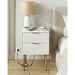 Aienvey Nightstand with Charging Station,Small Side Table with 2 Drawers, Bedside Furniture, White Night Stand, End Table with Gold Frame for Bedroom, Living Room, Stripe