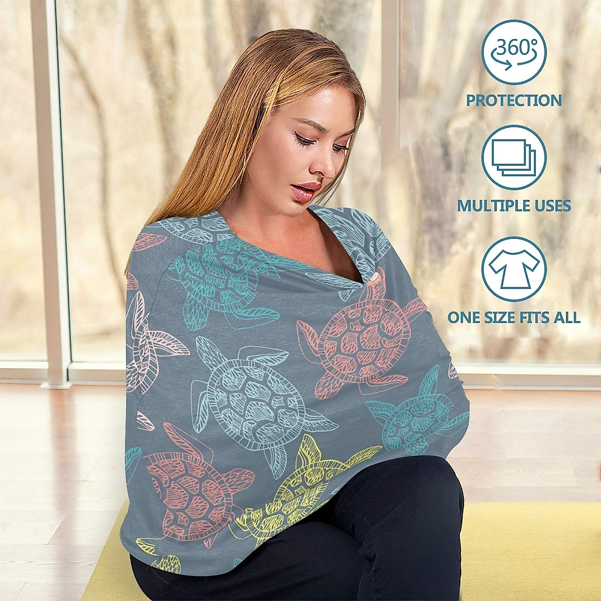 WELLDAY Baby Car Seat Covers Colorful Sea Turtles Stretchy Breastfeeding Scarf Breathable Infant Carseat Canopy Nursing Covers Multi Use for Stroller High Chair Shopping Cart Boys and Girls