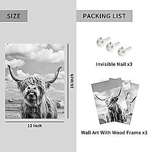GDHBLING Grey Highland Cow Wall Art Rustic Wall Art for Bathroom Farmhouse Canvas Wall Art for Living Room 3 Piece Western Bedroom Wall Art 12x16 Inch