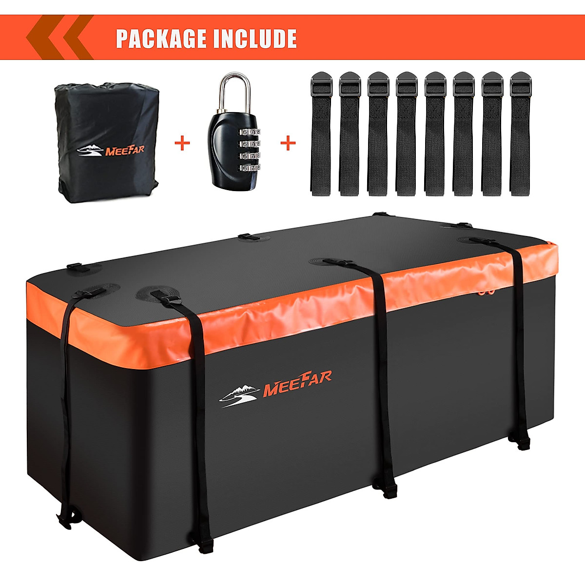 MeeFar Hitch Mount Cargo Carrier Bag Soft Shell 100% Waterproof 20 Cubic Feet (59" 24" 24") Include 8 Reinforced Straps for Truck Pickup All Vehicle with Steel Cargo Basket