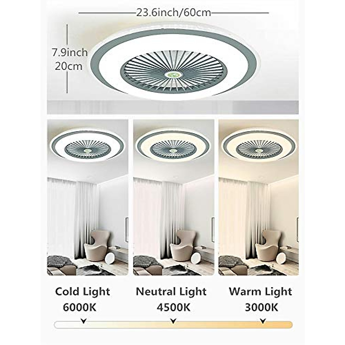 IYUNXI Ceiling Fan with Lights Oversize 24'' Remote Control 40W Ultra-Thin Design Enclosed Round LED 3-Color Dimmable Fan Light with 5 Invisible Blades Low Profile Flush Mount 3-Gear Wind Smart Timing