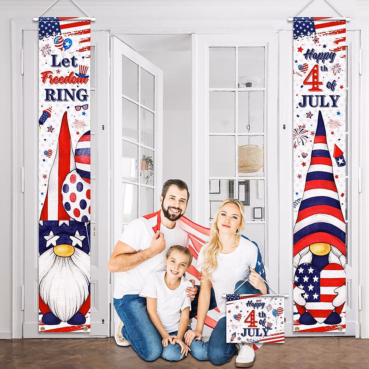 4th of July Gnomes Porch Sign Banner,4th of July Decorations Patriotic Gnome Door Hanging Banner Supplies for Independence Day Memorial Day Party Decorations