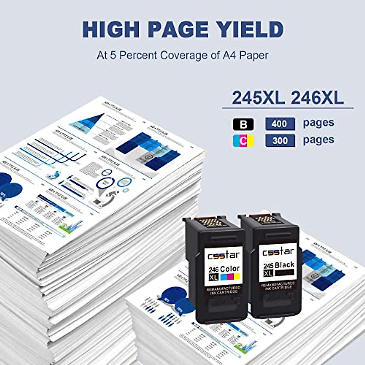 CSSTAR Remanufactured 245XL 246XL Ink Cartridges Replacement for Canon 245 246 PG-245XL CL-246XL for PIXMA MX492 MX490 MX492 MG2522 MG2520 MG2922 IP2820 MG2920 MG2420 Printer (1 Black,1 Tri-Color)