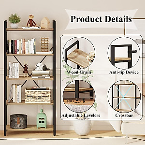 FATORRI 5 Tier Bookshelf, Industrial Wood and Metal Book Shelves for Display, Tall Etagere Bookcase and Rustic Shelving Unit (Rustic Oak)