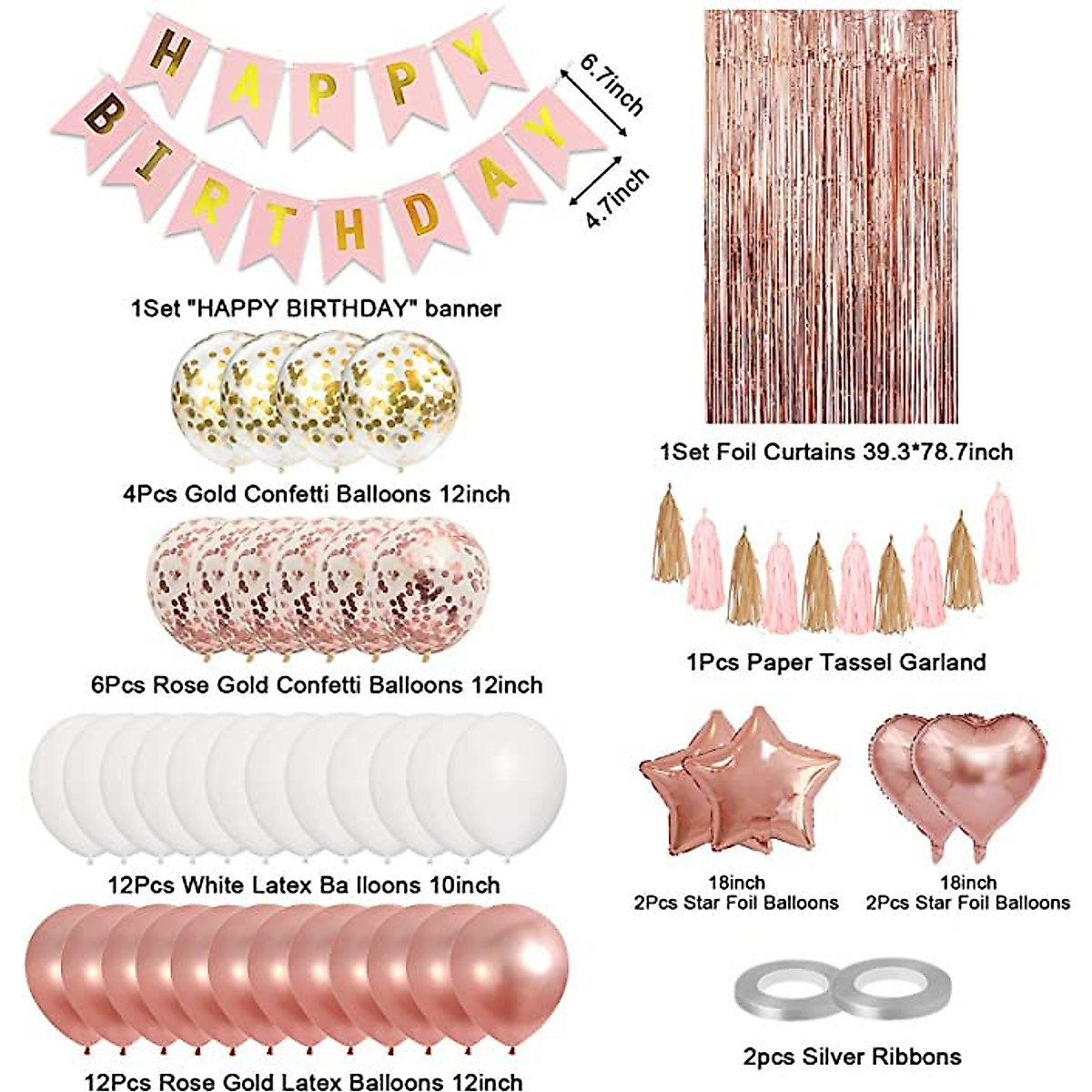 Amandir Rose Gold Birthday Party Decorations Kit, Confetti Foil Rose Gold Balloons Happy Birthday Banner Tassels Metallic Fringe Curtains 30th 40th 50th 60th Birthday Mother's Day Supplies for Women