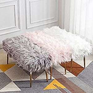 DM Furniture Faux Fur Vanity Bench Fuzzy Entryway Bench Furry Ottoman End of Bed Stool with Gold Metal Legs for Living Room Bedroom Closet, Pink