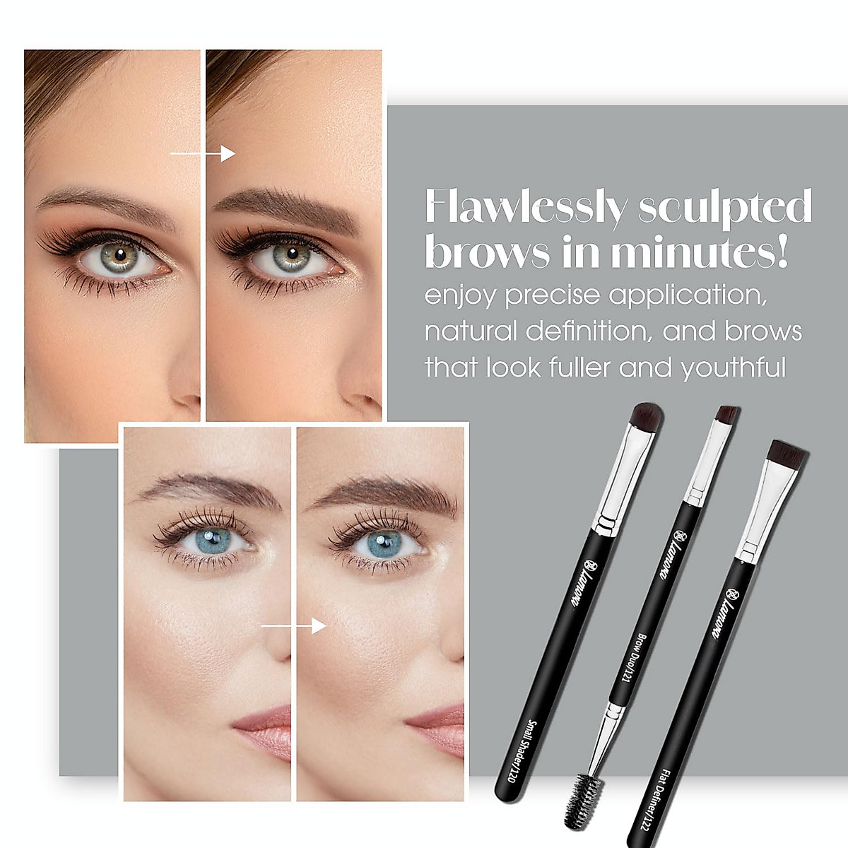 Eyebrow Brush - Duo Eye Brow Spoolie - Angled Eyeshadow Eyeliner - Precision Flat Definer - Small Shader - 3 Piece Makeup Brush Set - Cruelty Free Synthetic Bristles