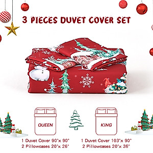 Dobuyly Christmas Duvet Cover Set Queen Size Christmas Tree Reindeer Snowman Pattern Duvet Cover with 2 Pillowcases Soft Microfiber Red Bedding Set for Holiday New Year Gift(3Pcs, 90"x90")