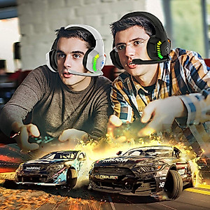 Wired Gaming Headset with Rainbow RGB Backlight Retractable Noise Isolating Microphone Stereo Sound Deep Bass Memory Foam Earmuff Over Ear Headphone for PS4 Xbox One Switch PC Mac Gamer Music (White)