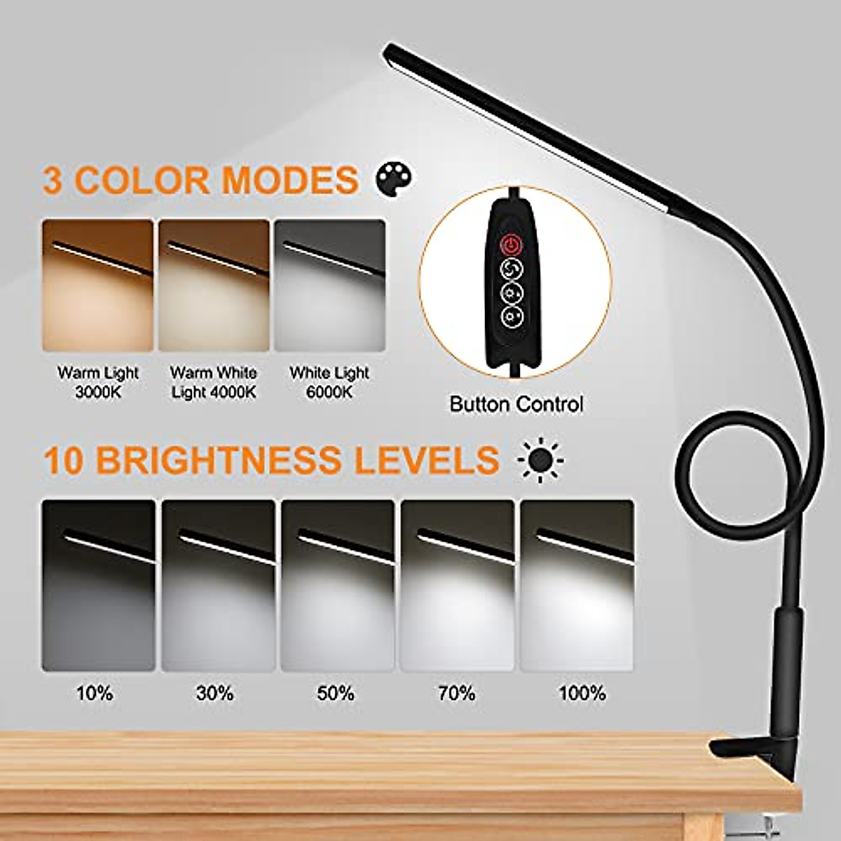 yotutun LED Desk Lamp, Swing Arm Table Lamp with Clamp, Flexible Gooseneck Task Lamp, Eye-Caring Architect Desk Light, 3 Modes 10 Brightness Levels, Memory Function Desk Lamps for Home Office, 12W